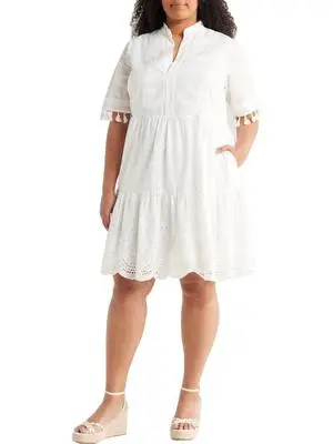 TAHARI ASL Eyelet Embroidered Tiered Cotton Shift Dress - Ivory
