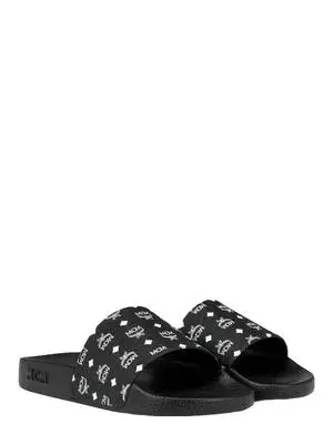 Mcm Monogram Print Rubber Slides - Black