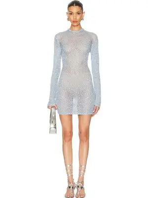 AREA Sequin Crochet Long Sleeve Mini Dress - Light Blue