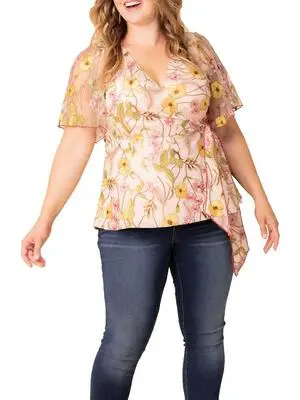 KIYONNA Kiyonna Rosalie Floral Embroidered Wrap Top Dawn Garden