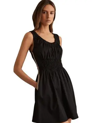 REISS Abi Cotton Craft-stitch Shirred Mini Dress - Black
