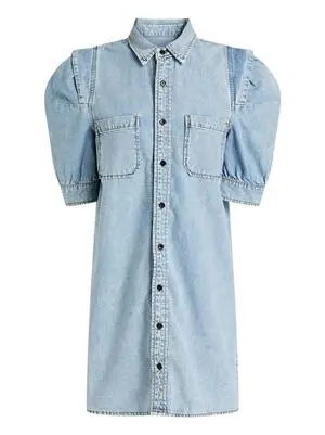 FRAME Gathered Denim Mini Shirt Dress - Light Denim