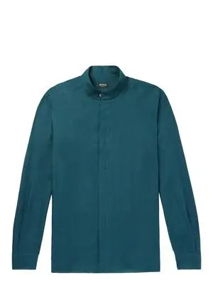 Zegna Grandad-collar Oasi Linen Shirt - Blue