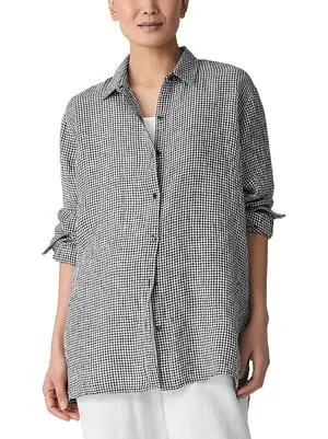 Eileen Fisher Puckered Linen Classic Collar Shirt - Black White