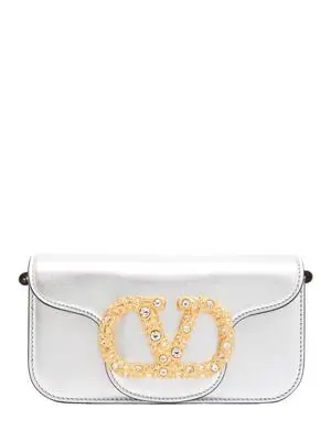Valentino Garavani Locò Small Metallic Grained Leather Shoulder Bag - Silver