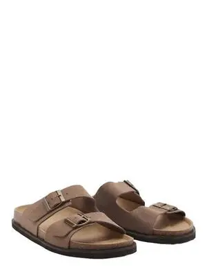 Mango Buckled Leather Slide Sandal - Medium Brown