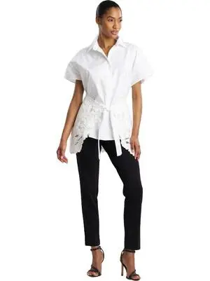 Natori Kumo Embroidery Kimono Wrap Shirt With Applique - White
