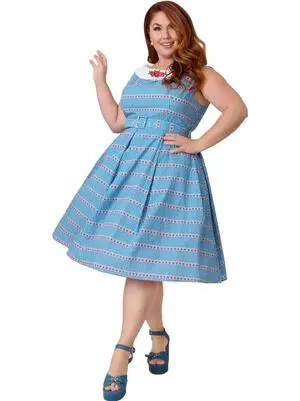 Unique Vintage 1960s Dancing Doll Swing Dress - Blue Gingham