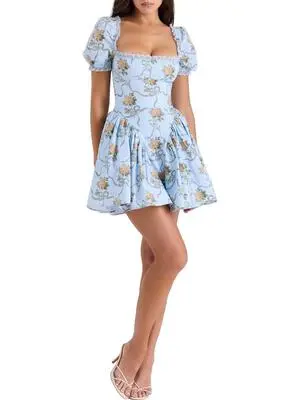 House Of Cb Rosie Puff Sleeve Mini Sundress - Yellow Rose Blue