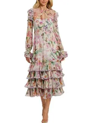 Mac Duggal Long Sleeve Ruffle Detail Floral Shift Dress - Lilac Multi