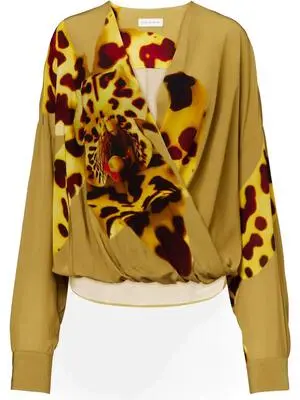 Dries Van Noten Printed Draped Satin Blouse - Green