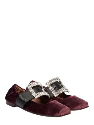 Dolce & Gabbana Embellished Leather-trimmed Velvet Flats - Burgundy