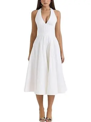 House OF CB Corset-Bodice Stretch-Cotton Midi Dress - White Stretch