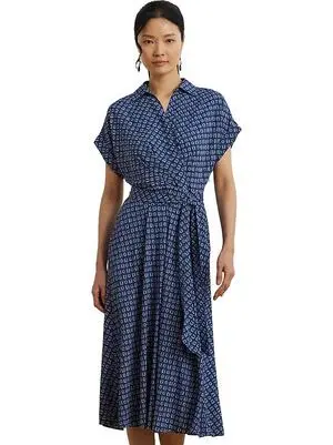 Ralph Lauren Geo-Print Belted Crepe Dress Blue/white