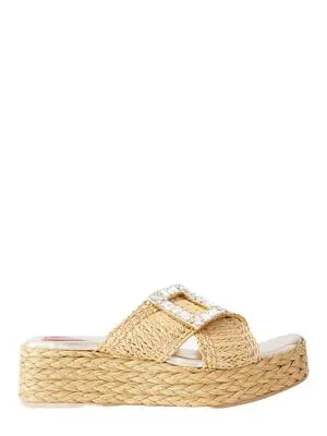ROGER VIVIER Roger Vivier 60 Embellished Raffia Platform Mules Neutral