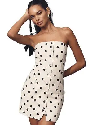 Endless Rose Strapless Button-Front Cotton Linen Mini Dress Neutral Pattern