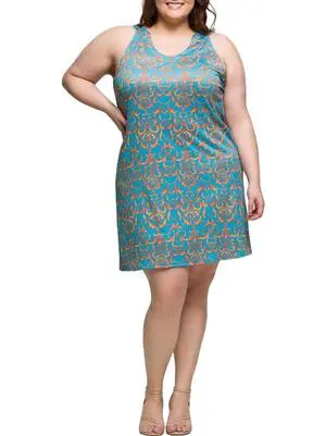 24SEVEN COMFORT APPAREL Filigree Print Sleeveless Dress - Blue Multi