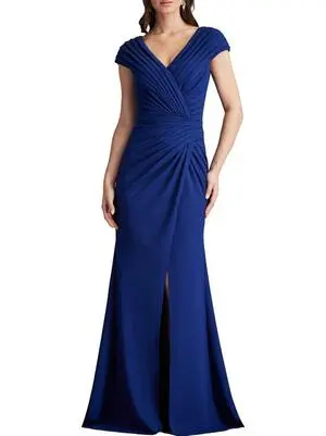 Tadashi Shoji Pleated Crepe Trumpet Gown - Midnight