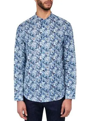 BROOKLYN BRIGADE Slim Fit Cherry Blossom Linen Cotton Banded Collar Long Sleeve Shirt - Blue