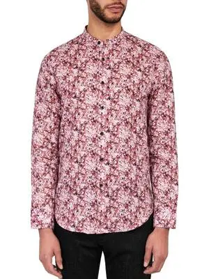 BROOKLYN BRIGADE Slim Fit Cherry Blossom Linen Cotton Banded Collar Long Sleeve Shirt - Pink