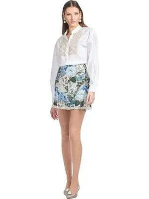 Sachin & Babi Printed Mikado Mini Skirt With Crystal And Pearl Trim - Dune And Dusk Petals