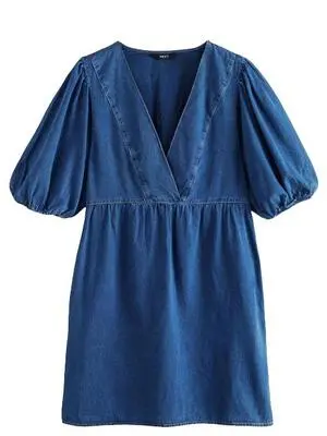 NEXT V-neck Puff Sleeve Denim Minidress - Blue