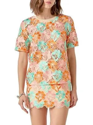 Endless Rose Floral Embroidered Open Knit Top - Orange Multi