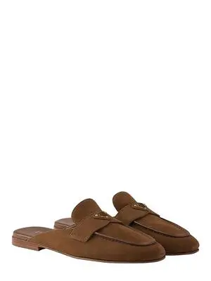 Prada Nubuck Mules With Enameled Triangle Logo - Brown