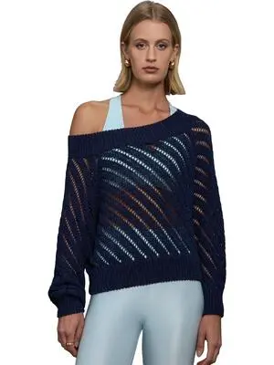 Carbon38 Open Knit Off Shoulder Sweater - Navy