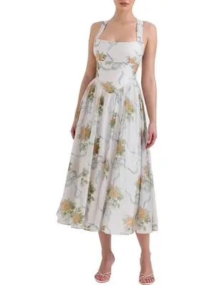 House Of Cb Minerva Floral Print Chiffon Midi Sundress - Yellow Rose Off White