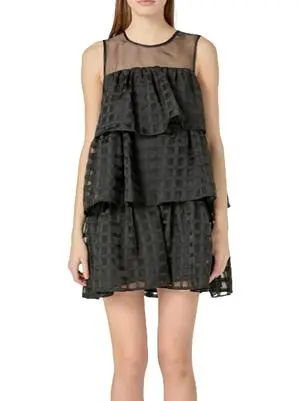 English Factory Organza Gridded Tiered Mini Dress - Black