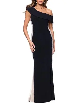 XSCAPE EVENINGS Crystal Mesh Detail One-shoulder Sheath Gown - Black/ Nude/ Silver