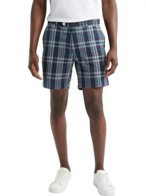 Brooks Brothers Plaid Flat-front Cotton Seersucker Shorts - Navy Madras