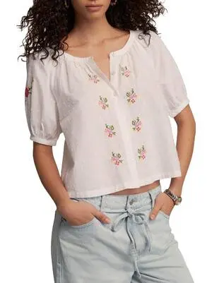 NEXT Embroidered Puff Sleeve Cotton Top