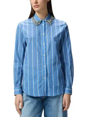 Pinko Rhinestone Collar Striped Blouse - Cornflower Blue/white