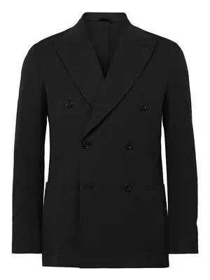 DE PETRILLO Vesuvio Slim-fit Double-breasted Cotton-blend Seersucker Suit Jacket - Black