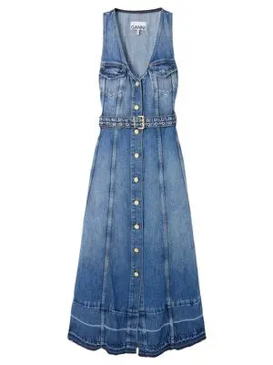 GANNI Belted Frayed Denim Midi Dress - Blue