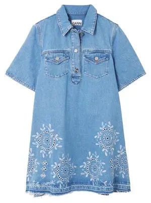 GANNI Frayed Broderie Anglaise Denim Mini Shirt Dress - Blue