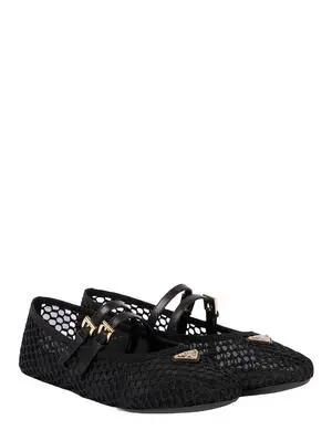 Prada Logo Leather-trimmed Mesh Ballet Flats - Black