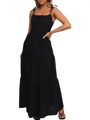 PETAL & PUP Ione Shirred Tie Strap Maxi Dress - Black