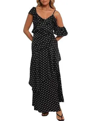 PETAL & PUP Adelina Cold Shoulder Maxi Cocktail Dress - Black Polka Dot
