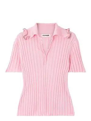 JIL SANDER Bead-embellished Ribbed-knit Polo Shirt - Pink