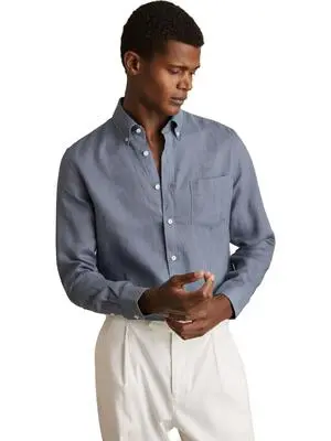 REISS Queens Linen Button-through Shirt - Airforce Blue