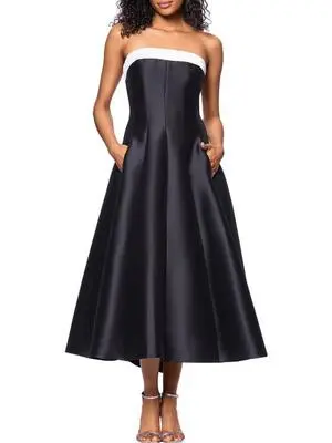 Betsy & Adam Contrast Strapless Mikado Ballgown - Black/ White