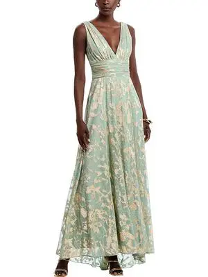 Aqua Crinkle Foil Maxi Dress - Sage/gold