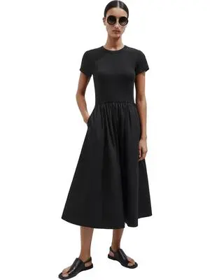ME+EM Mixed Media Rib Tee Midi Dress - Black