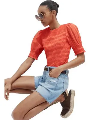 ME+EM Soft Cotton Poplin Stitch Top - Papaya Orange