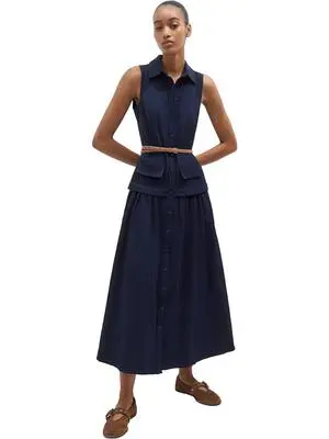 ME+EM Seersucker Maxi Shirt Dress With Belt - Navy