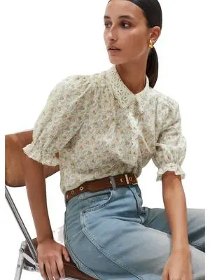 ME+EM Silk Cotton Sweet Pea Print Blouse With Broderie Collar - Cream Multi