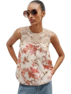 ME+EM Cotton Wild Bloom Print Swing Top - Light Cream/peach/multi